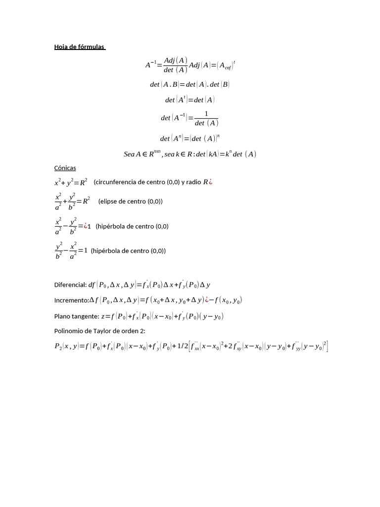 Fórmulas de Matrices y Cónicas | PDF
