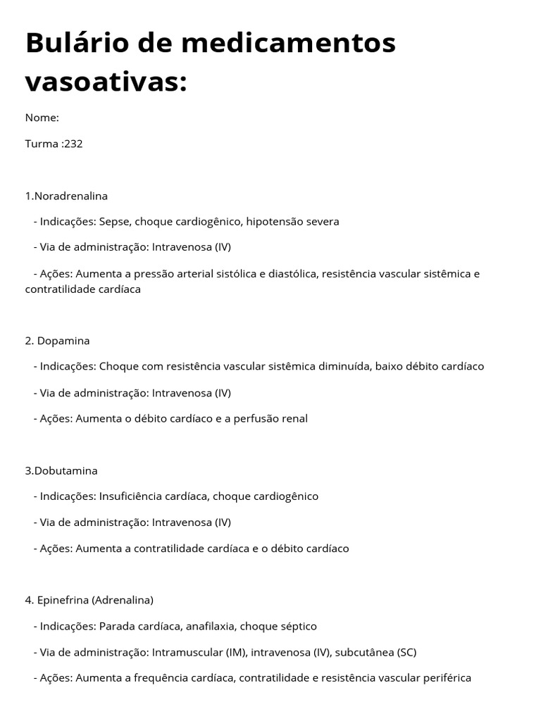 Bulário de Medicamentos Vasoativas | PDF | Choque (circulatório ...