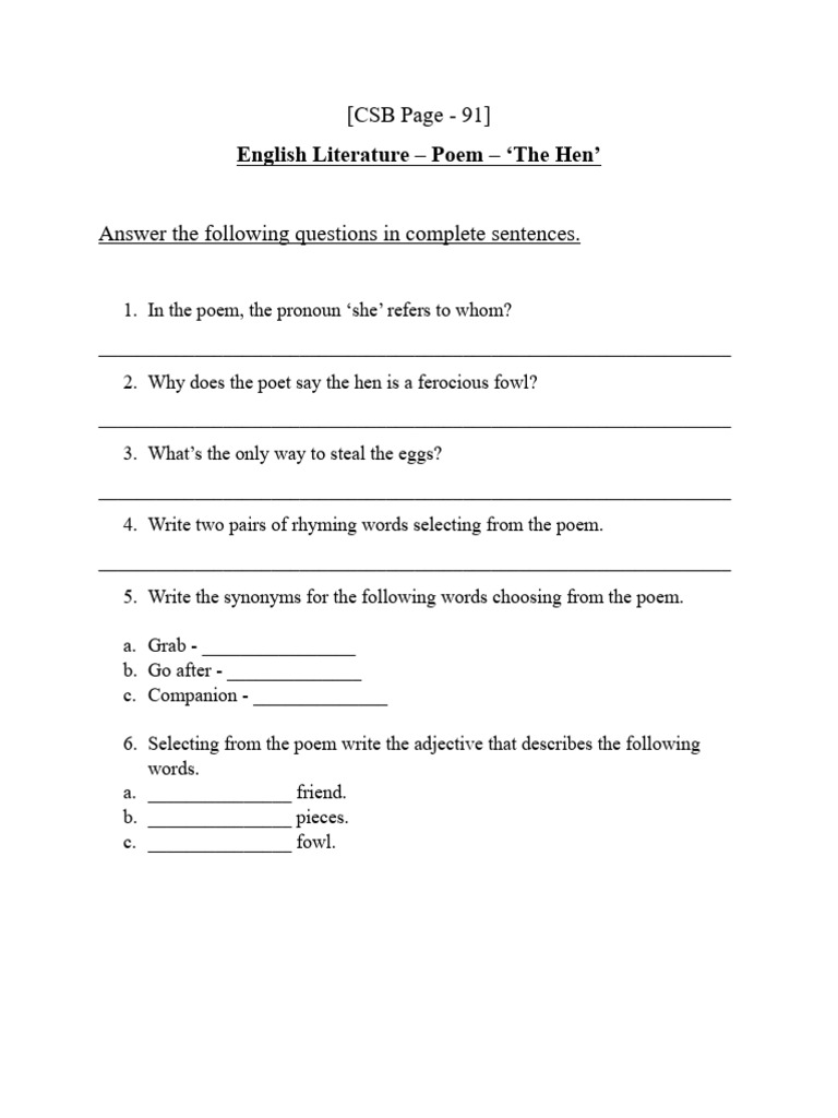 Analysis of 'The Hen' Poem Questions | PDF