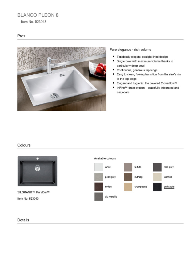 BLANCO PLEON 8 Sink Specifications | PDF