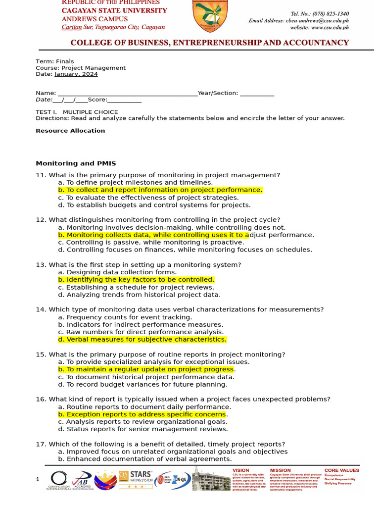 Project Management Final Exam 1 | PDF | Project Management | Audit