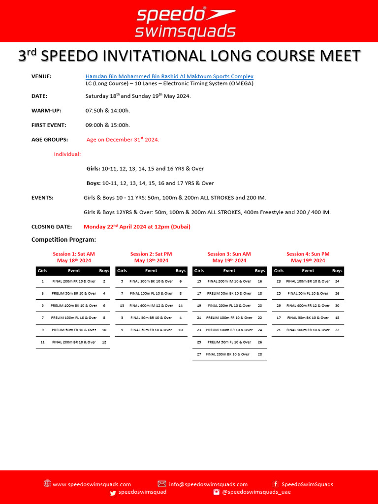 Entry Pack - 3rd Speedo Invitational LC Meet 18th & 19th May 2024 | PDF | Swimming (Sport ...