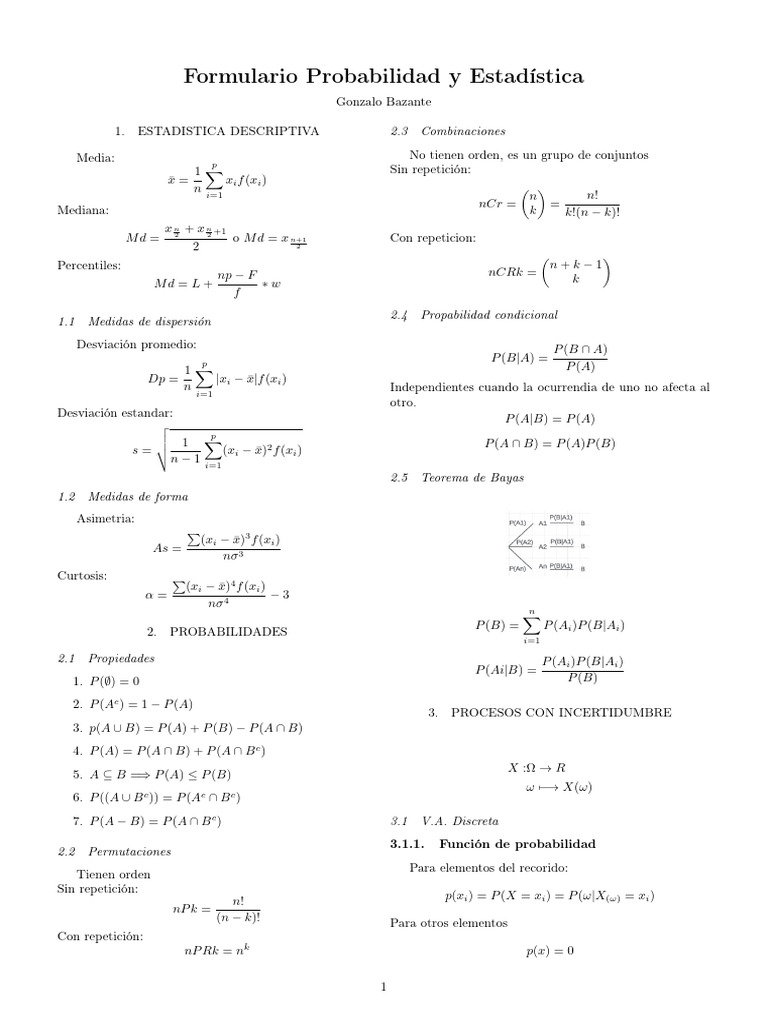 Formulario Probabilidad y Estadistica | PDF | Teoría de probabilidad | Matemáticas
