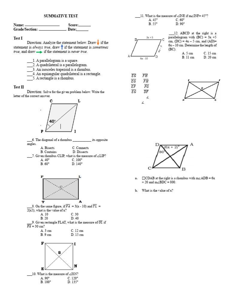 SUMMATIVE-TEST-Special Parallelogram | PDF | Rectangle | Geometric Shapes