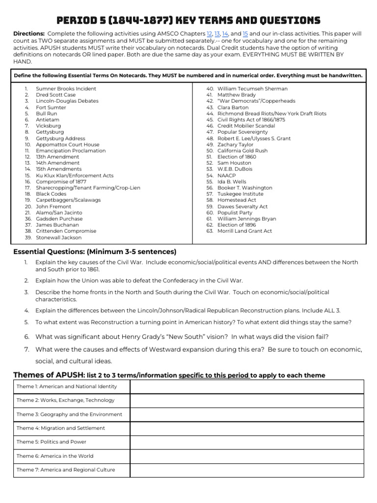 APUSH Period 5 Key Terms & Questions | PDF | American Civil War ...