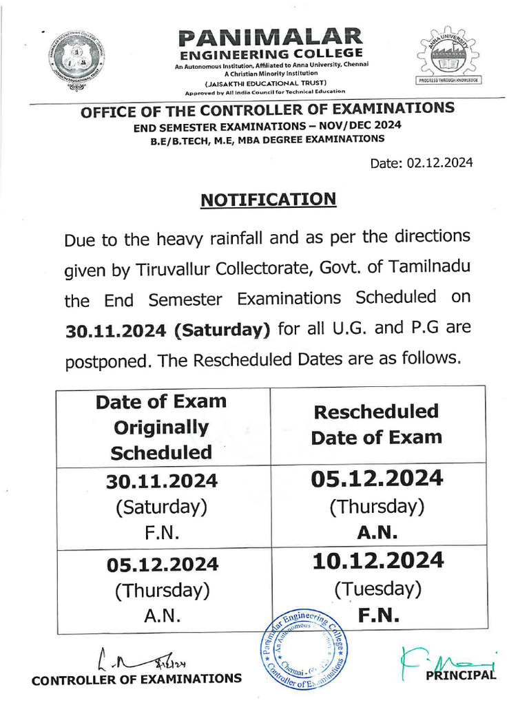 Exam Reschedule Notification - 30.11.2024 | PDF