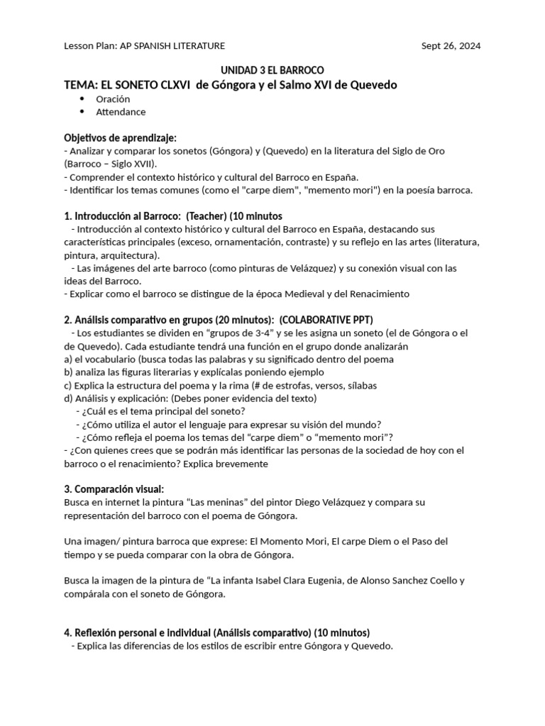 Lesson Plan Gongora y Quevedo | PDF | Barroco | Sonetos