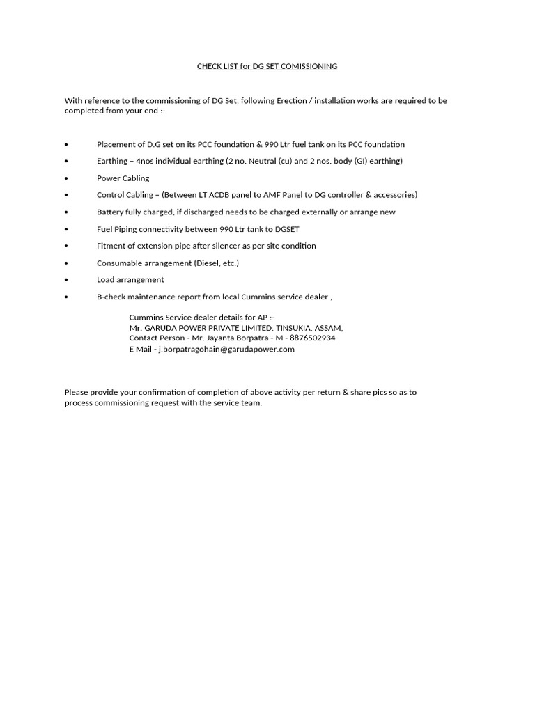 DG Set Commissioning Checklist | PDF