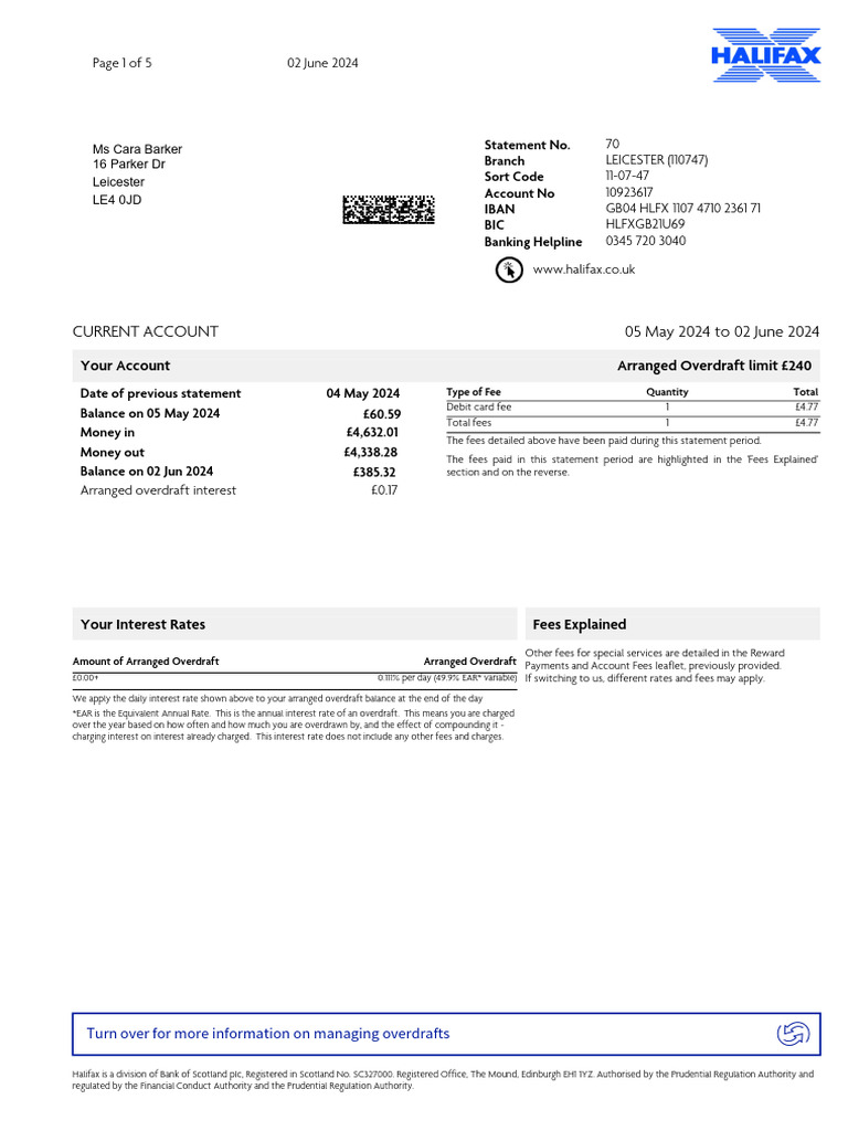 Halifax Current Account Statement | PDF | Overdraft | Cash