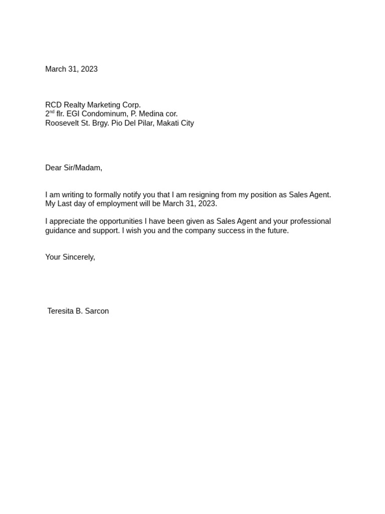 Resignation Letter from Sales Agent | PDF