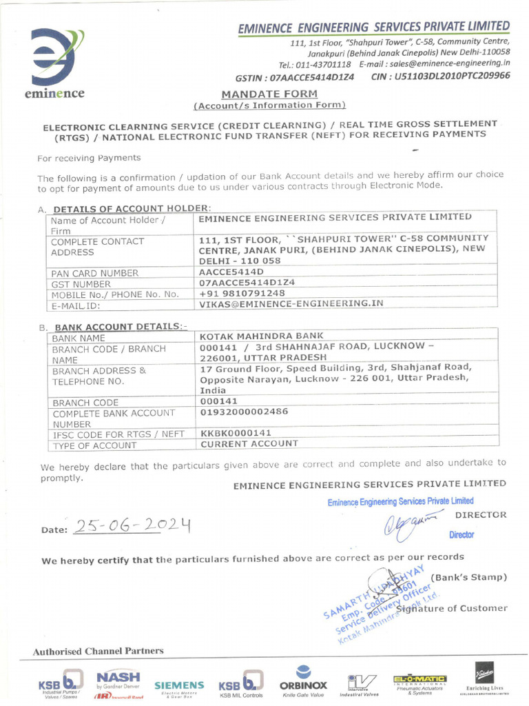 Mandate Form With Cancelled Cheque | PDF