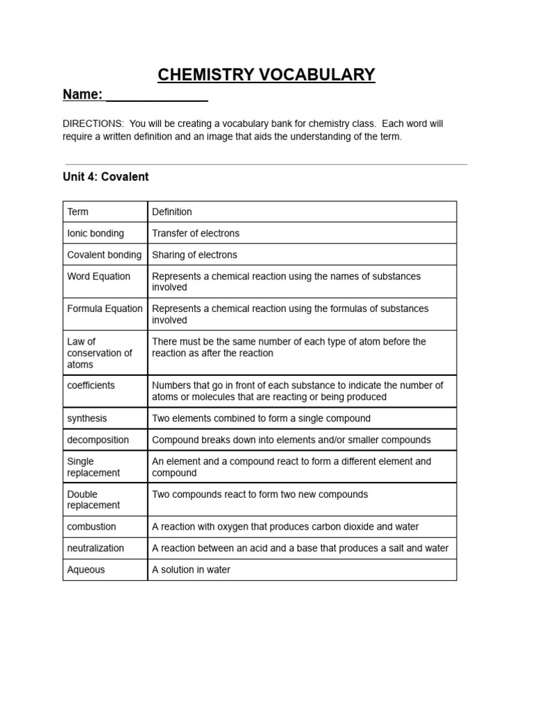 Chemistry Vocabulary Bank Guide | PDF