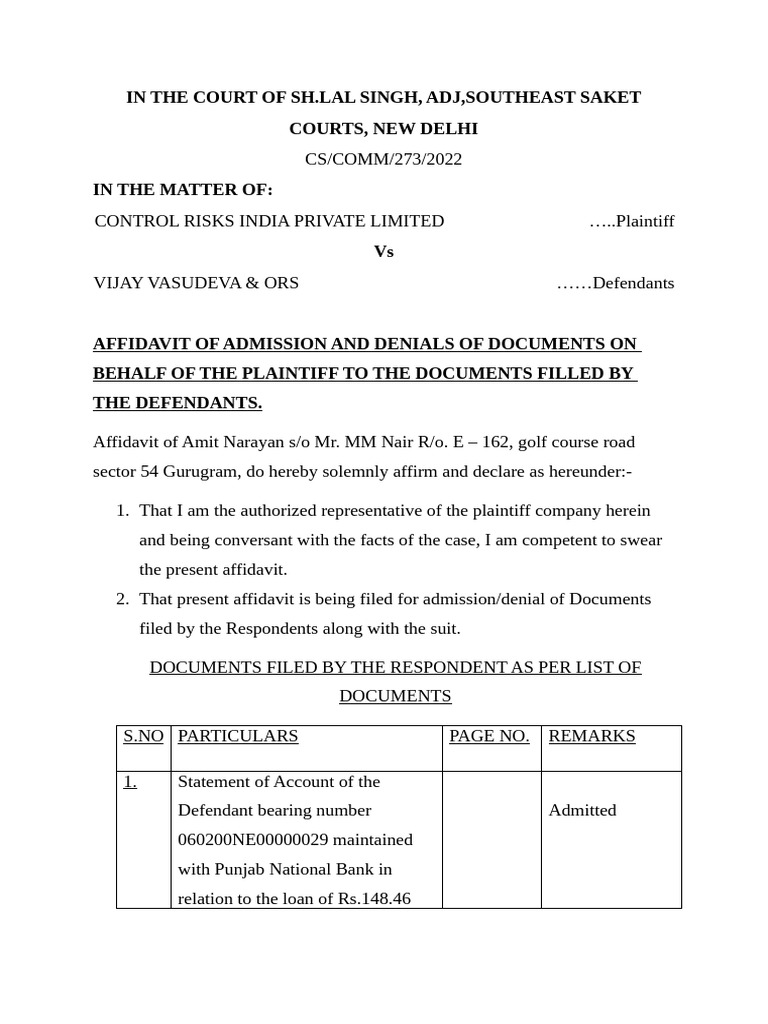 Affidavit: Admission/Denial of Documents | PDF