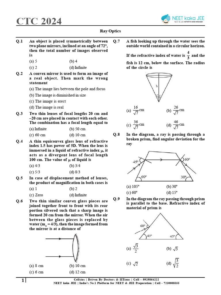 CTC Test 81 Physics (Ray Optics) | PDF | Optics | Electrodynamics