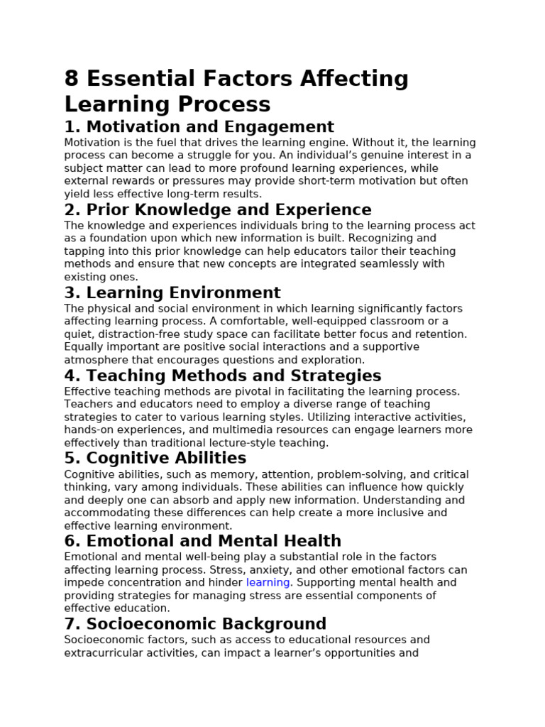 8 Essential Factors Affecting Learning Process | PDF | Learning ...