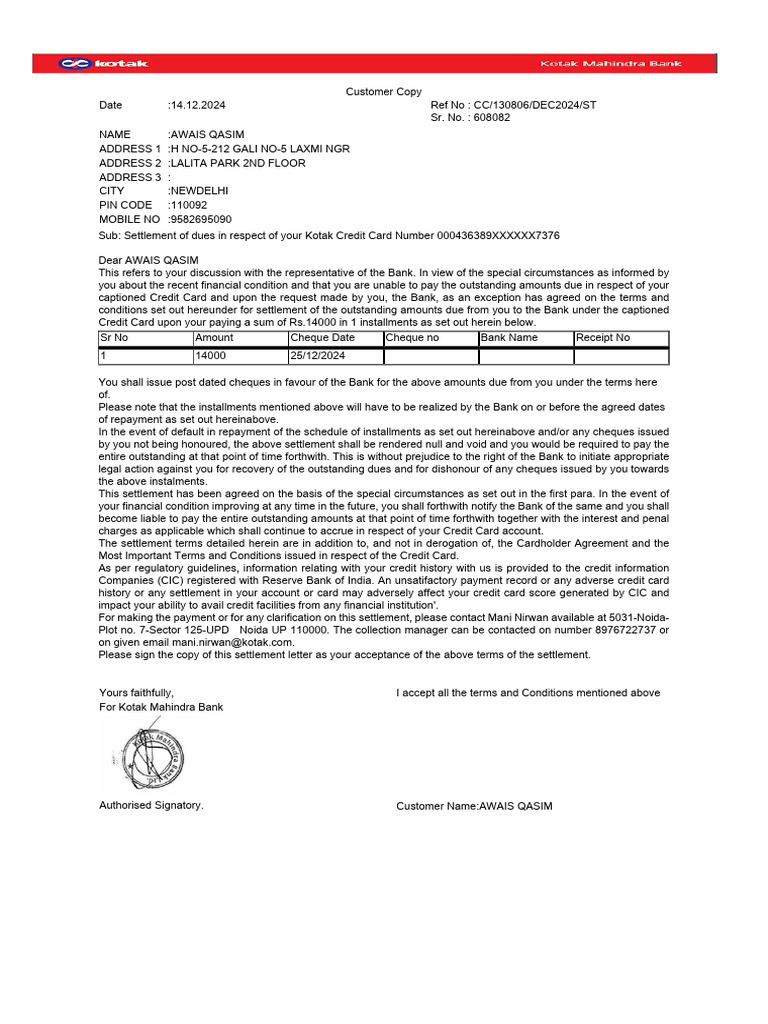 Kotak Credit Card Settlement Agreement | PDF | Credit Card | Payments