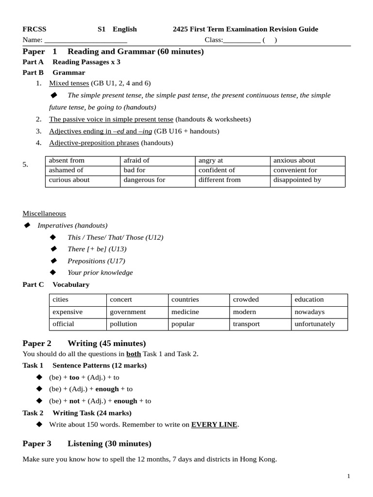 2425 First Term Examination Revision Guide_5669965 | PDF | Adjective ...