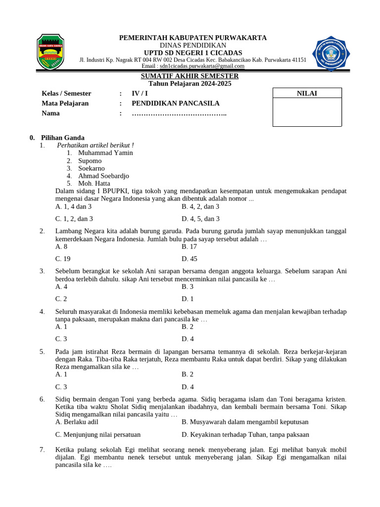 Soal SAS Pendidikan Pancasila SMT 1 | PDF