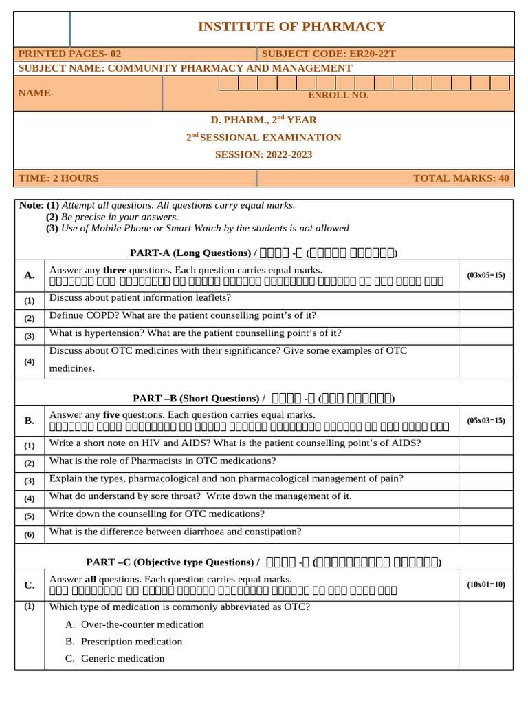 Community Pharmacy Exam Questions 2023 | PDF | Pharmacy | Over The ...