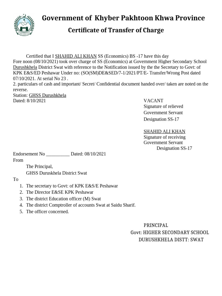 KPK Transfer of Charge Certificate | PDF