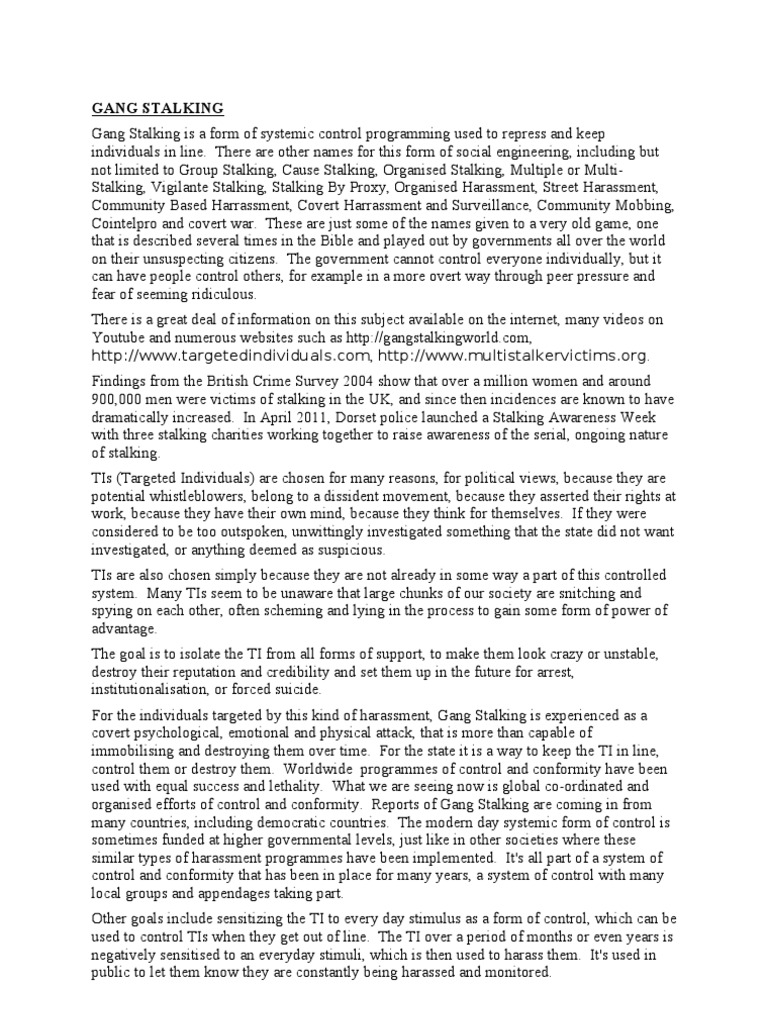 Understanding Gang Stalking Dynamics | PDF | Stalking | Surveillance