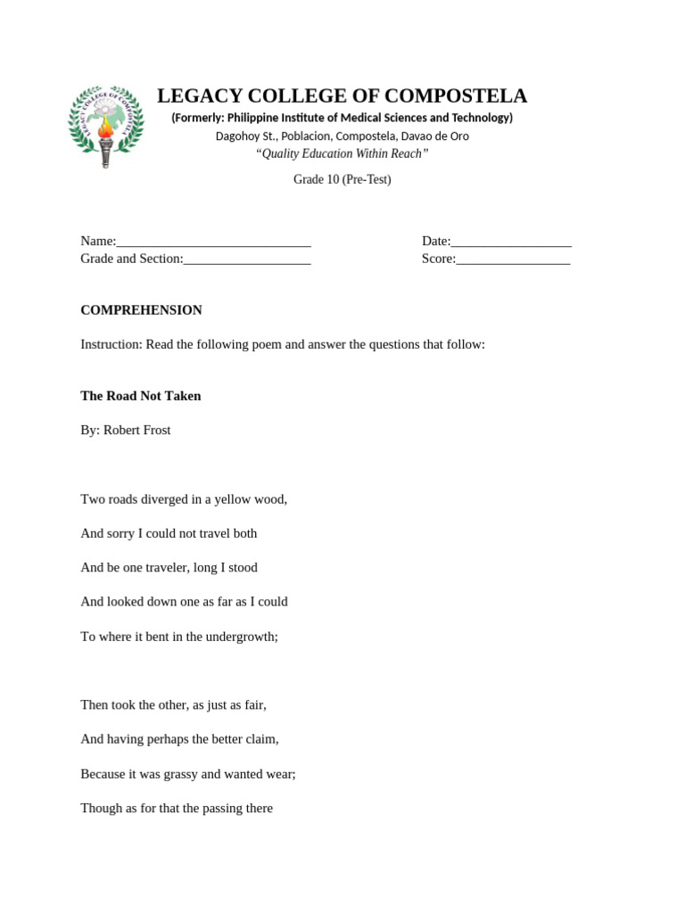 Grade 10 Pre-Test | PDF