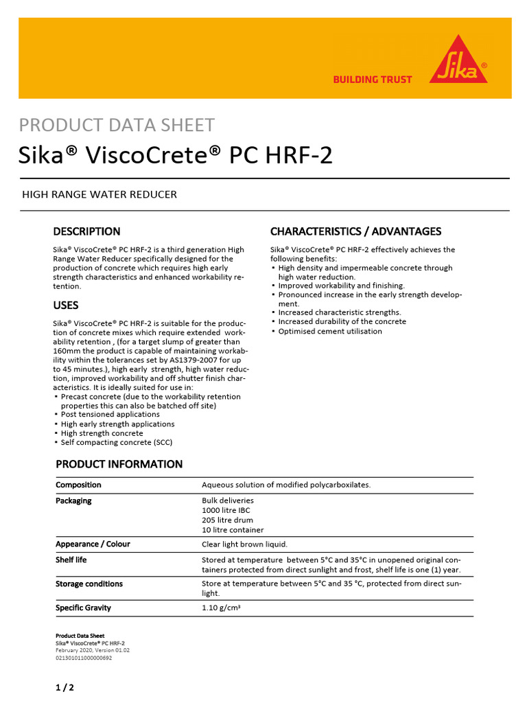 Sika Viscocrete pchrf-2 | PDF | Concrete | Materials