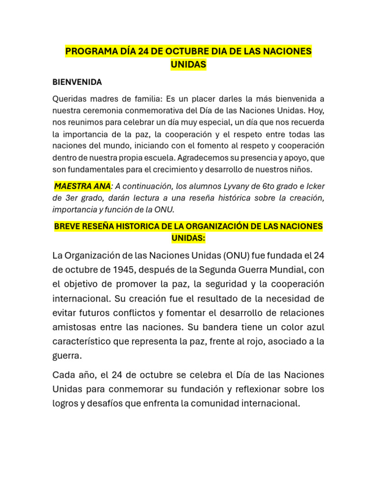 Día 24 de Octubre Dia de Las Naciones Unidas | PDF | Naciones Unidas ...