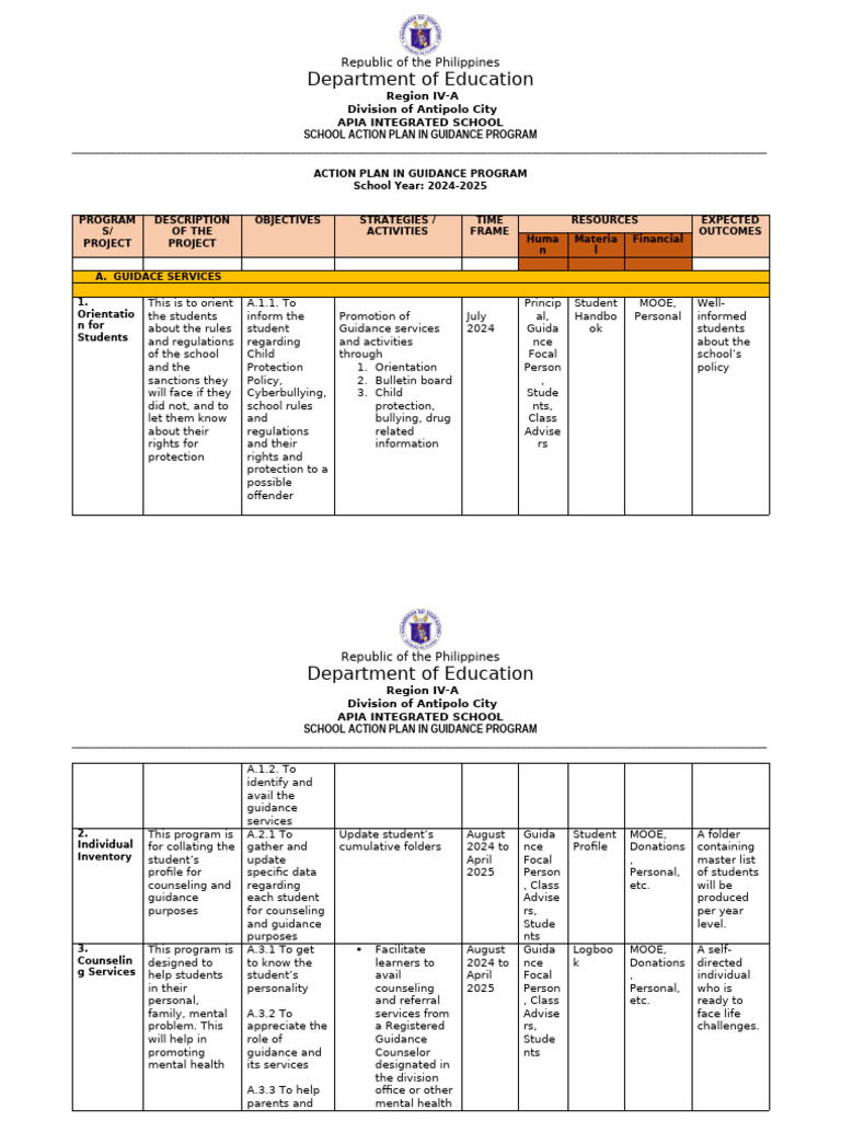 School Guidance Action Plan 2024-2025 | PDF | Behavior Modification