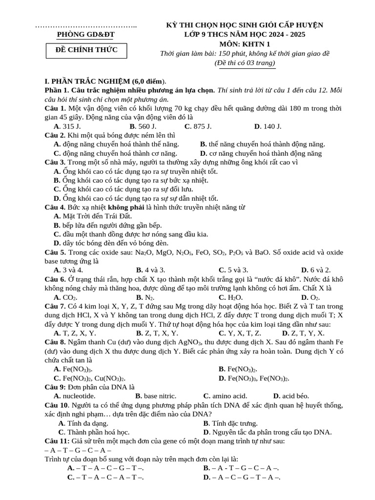 1.ĐỀ HSG 9-KHTN 1 - NH 2024 2025 | PDF