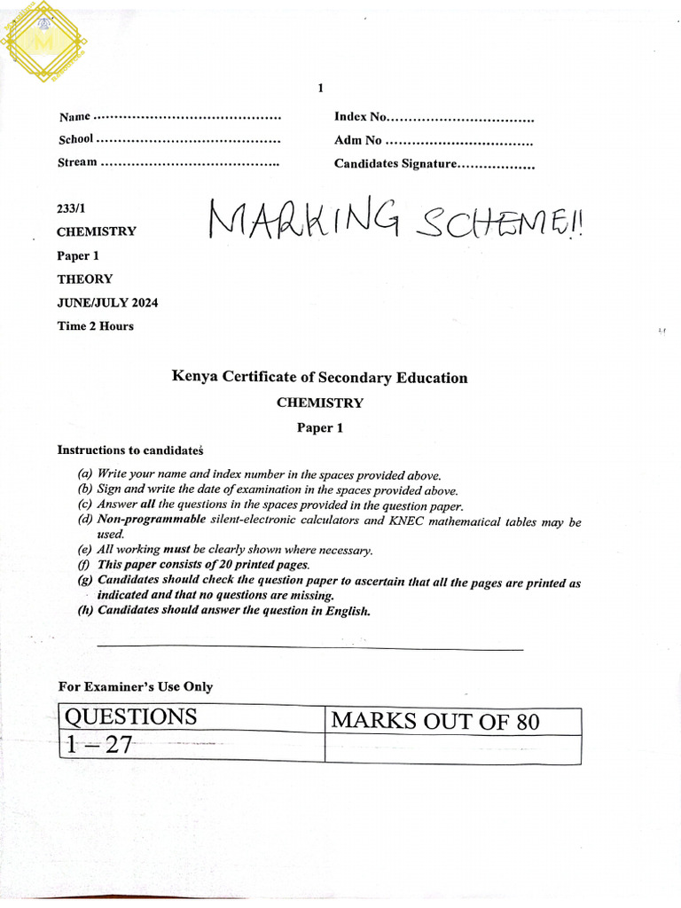 Chemistry PP1 Scheme | PDF