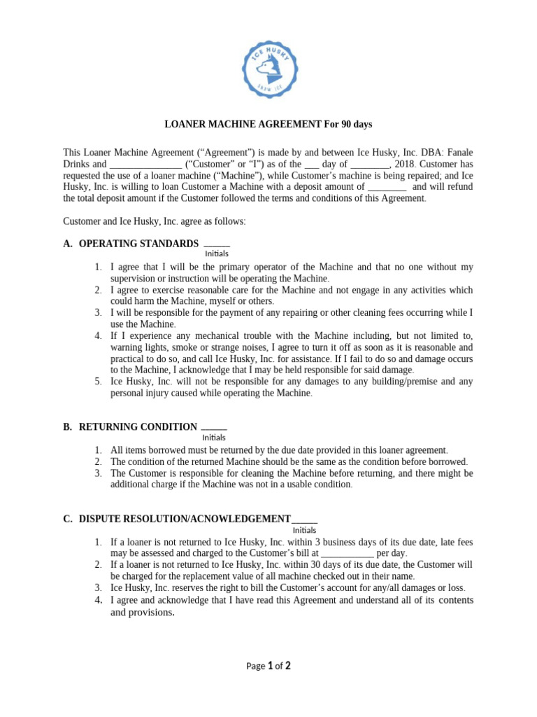 Fanale - Loaner Machine Agreement | PDF | Banking | Personal Finance