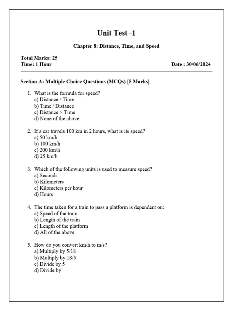 Maths Unit Test 1 | PDF | Speed | Multiple Choice