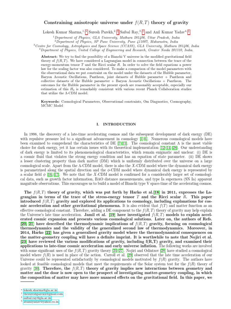 Constraining Anisotropic Universe Under F (R, T) Theory of Gravity | PDF | Dark Energy ...