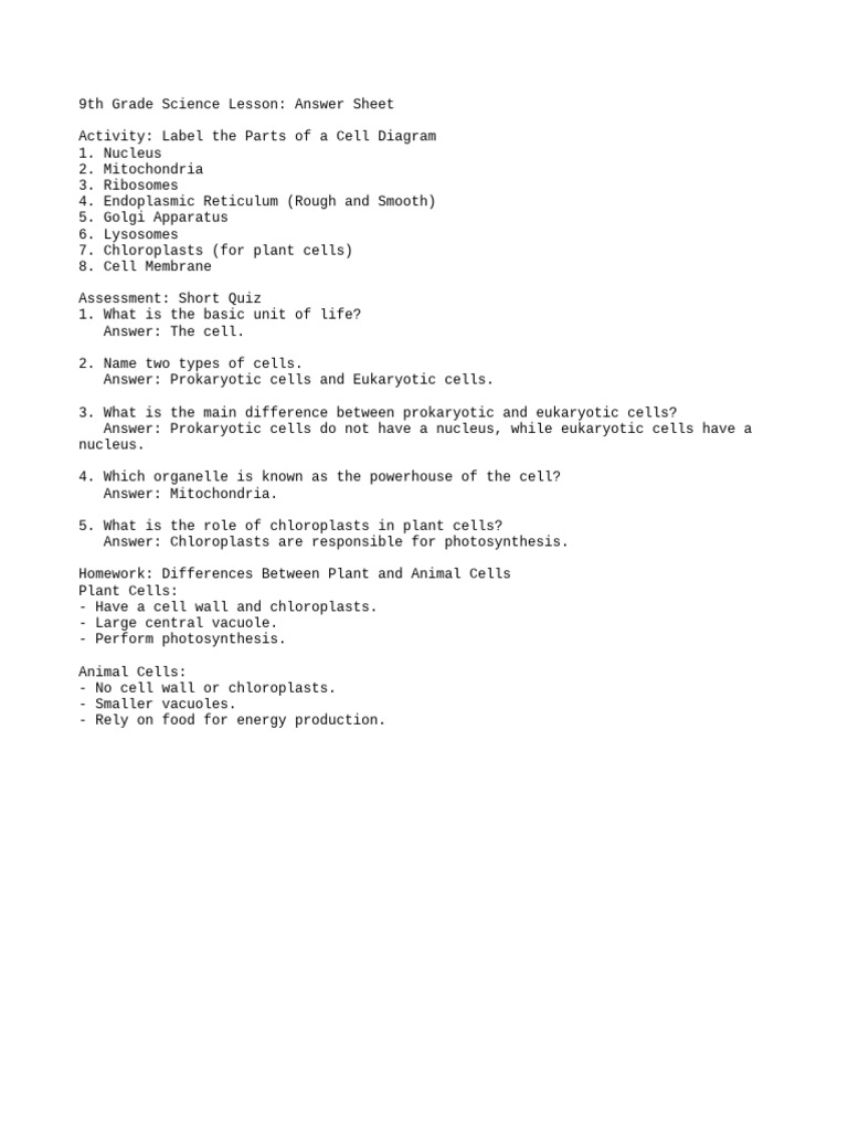 9th Grade Science Answer Sheet | PDF