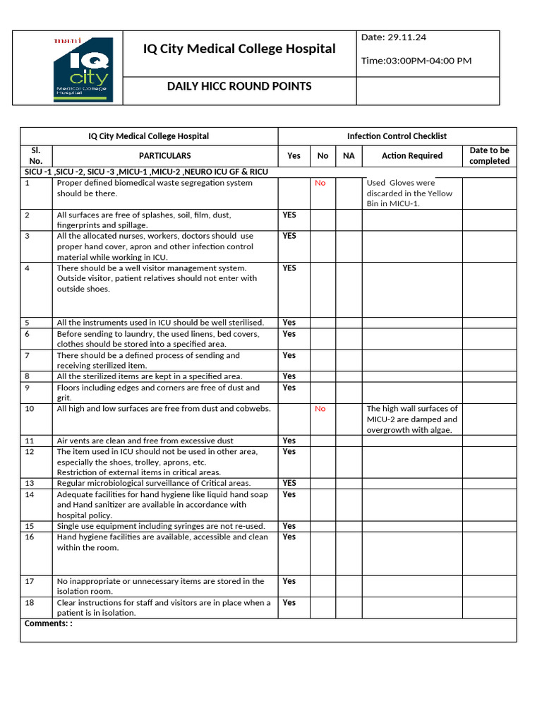 29.11. 2024 SICU-1, SICU-2, SICU-3, MICU-1, MICU-2, RICU & N.ICU GF Check List | PDF | Health ...