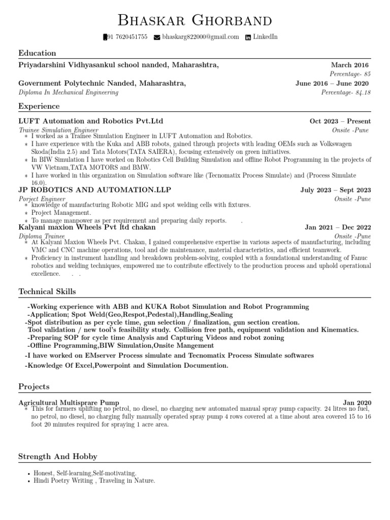 Bhaskar G - Simulation - CV-2 | PDF | Simulation | Robotics