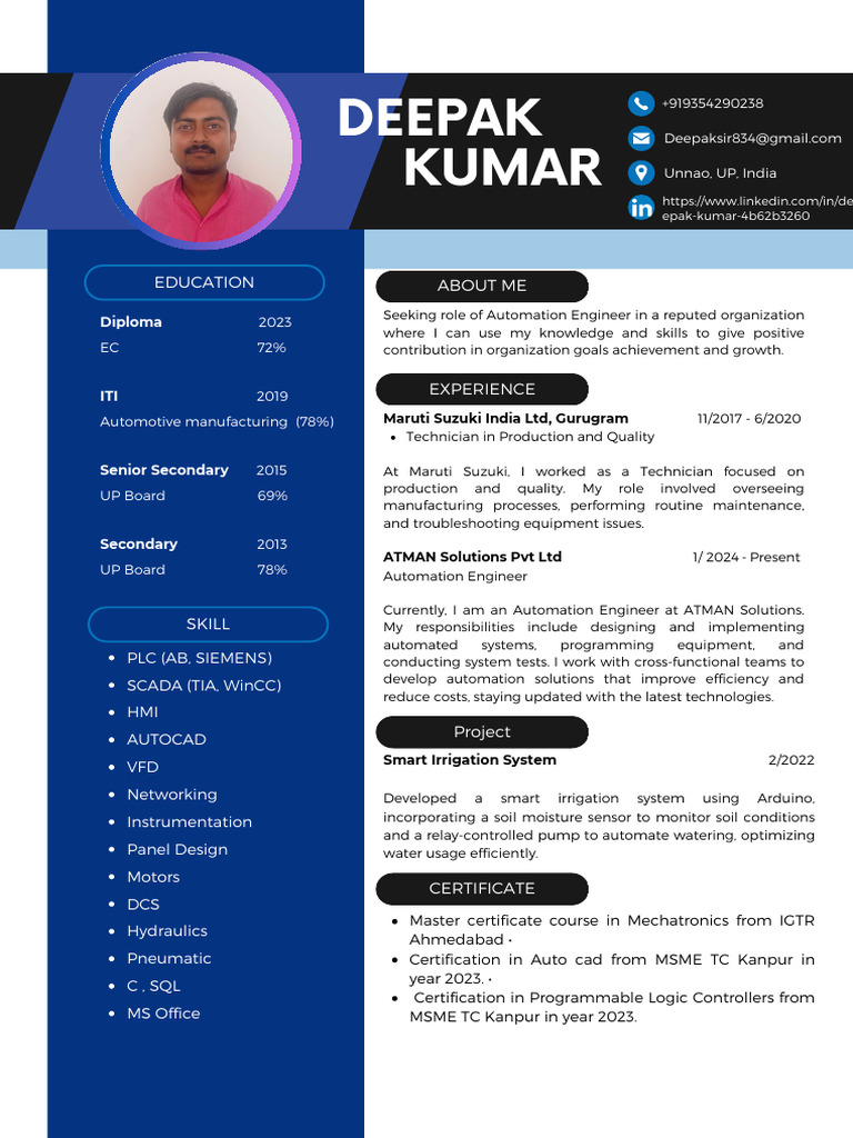 Black Modern Professional Resume | PDF | Automation | Programmable Logic Controller