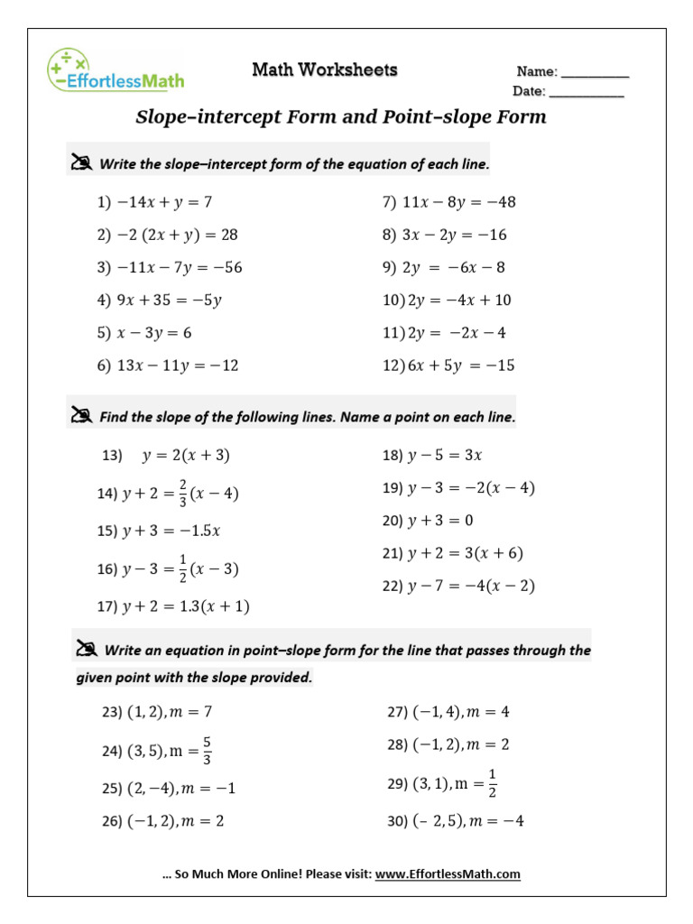 Slope-Intercept & Point-Slope Worksheets | PDF | Equations ...