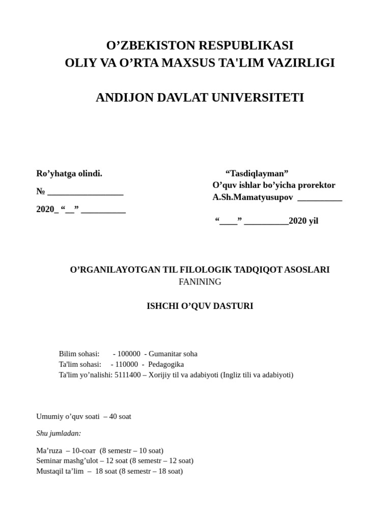 O'TFTA (ishchi dastur) 2020-2021 4 kurs | PDF