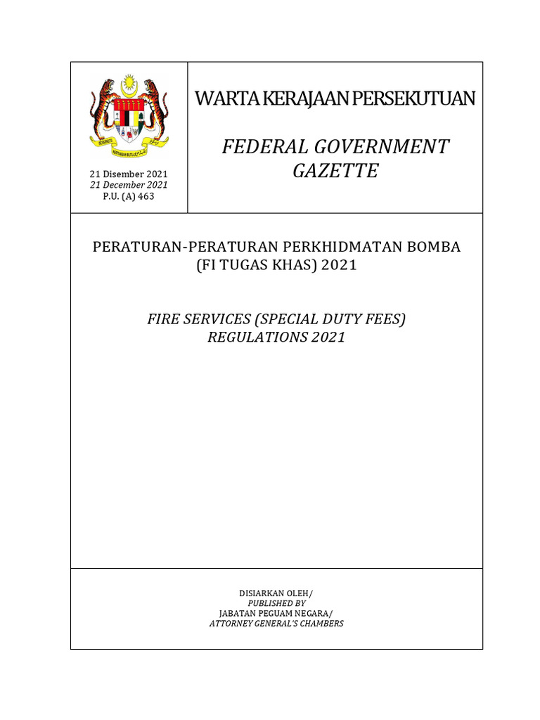 Pua463 - Peraturan Perkhidmatan Bomba (Fi Tugas Khas) 2021 | PDF