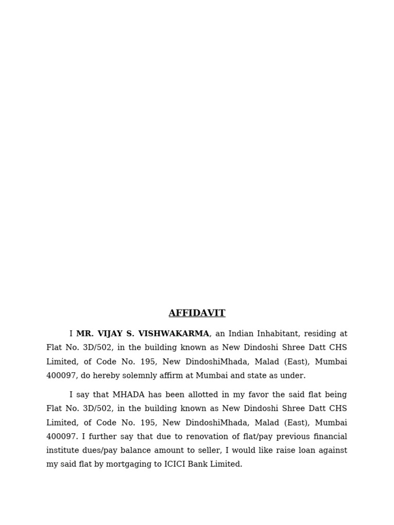 Affidavit Mhada Format Bank For Noc Vijay Vishwakarma From Mahada | PDF