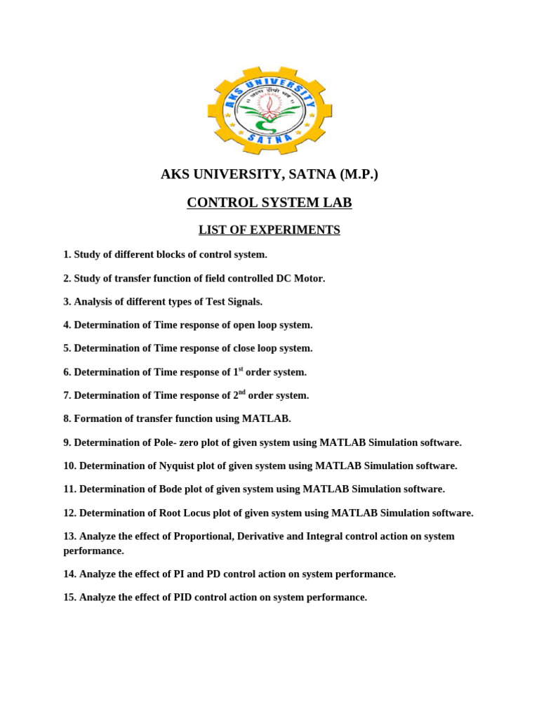 control system lab updated experiment list Ankita 2024 | PDF