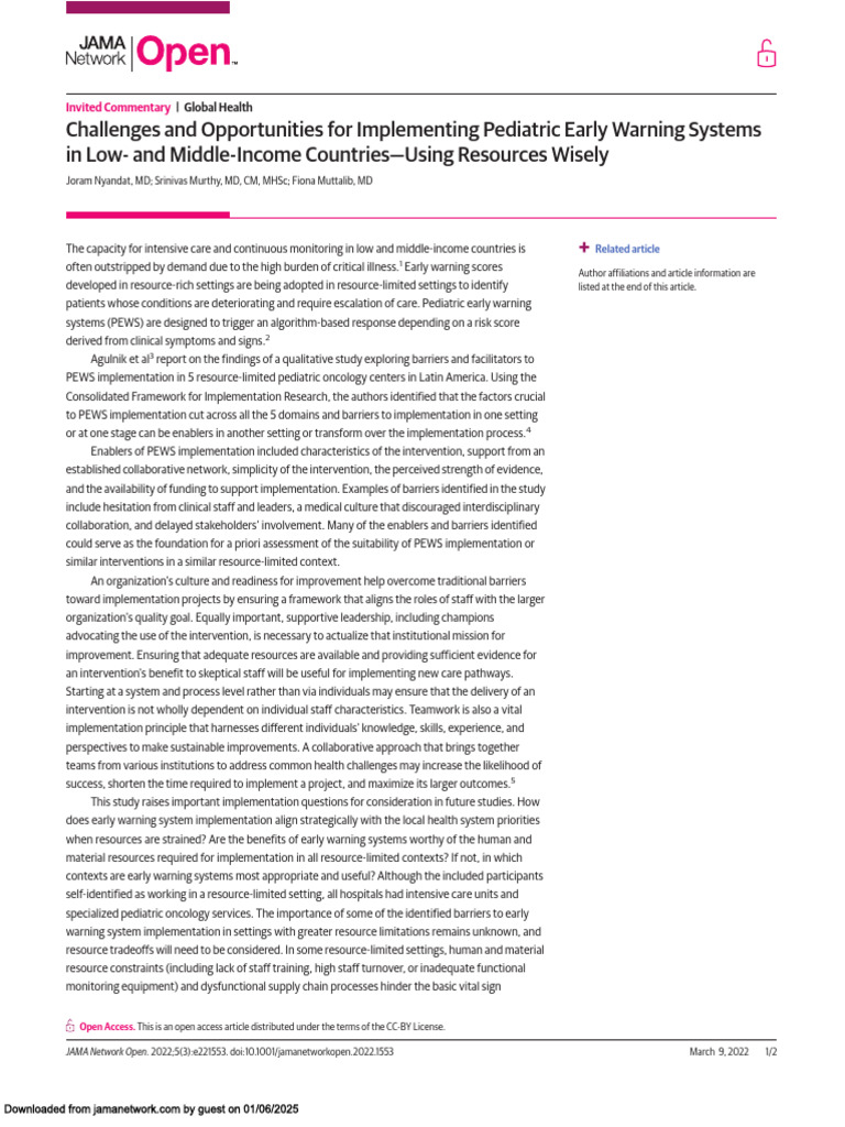 Challenges and Opportunities for Implementing Pediatric Early Warning ...