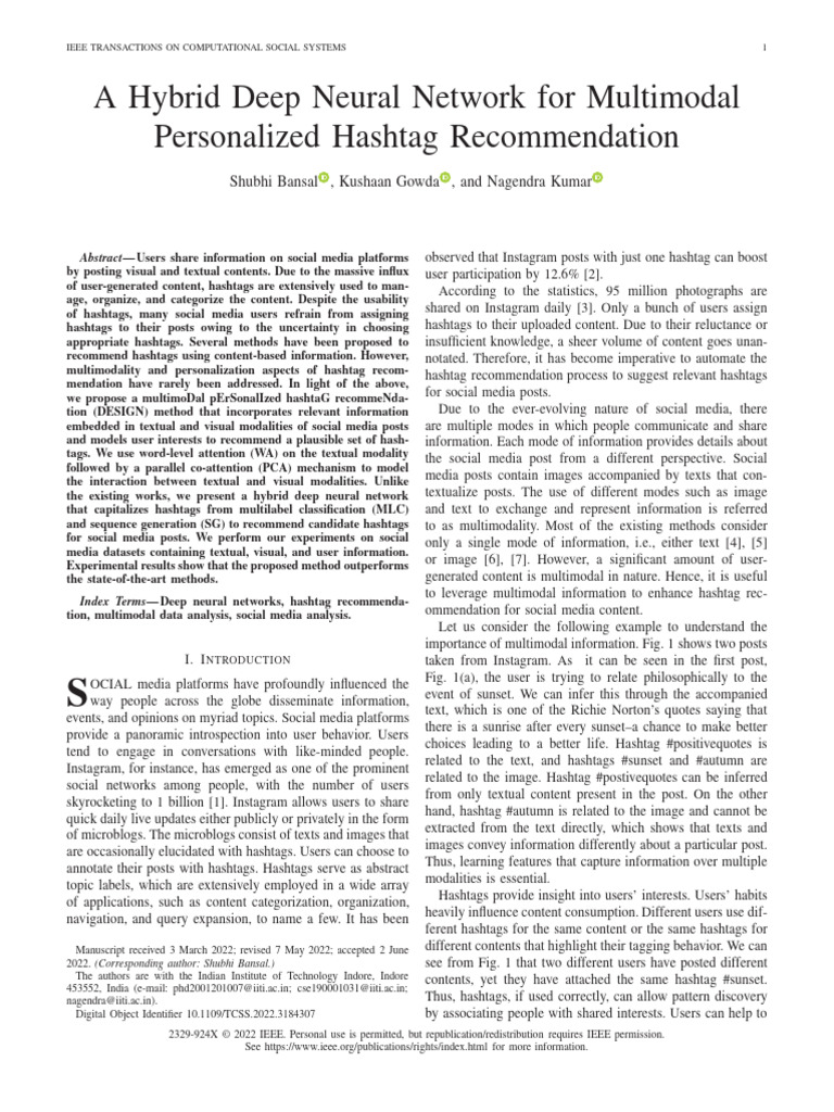A Hybrid Deep Neural Network for Multimodal Personalized Hashtag Recommendation - Very Good ...