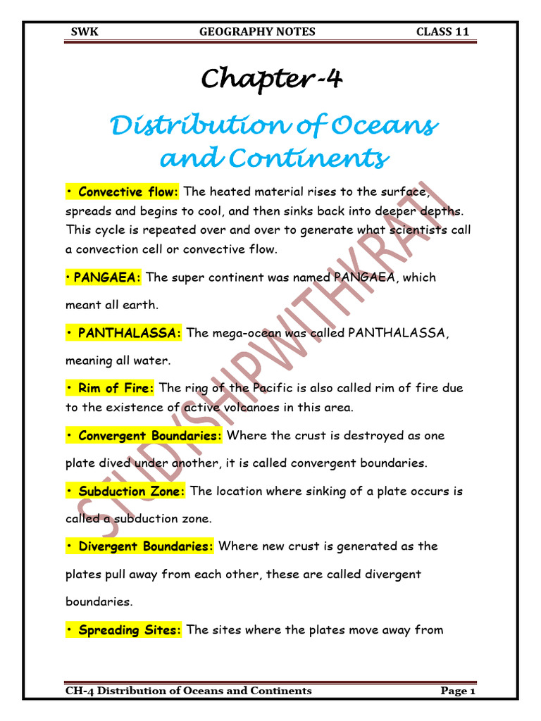 SWK BOOK 1 CH 4 Distribution of Oceans and Continents | PDF | Plate ...