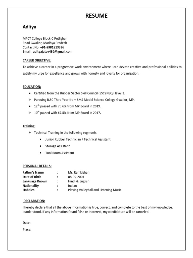 Aditya's Resume: Career Objective & Skills | PDF