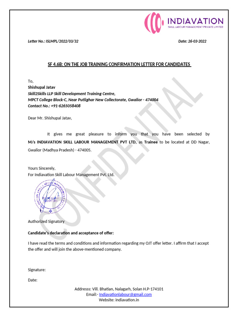 On-the-Job Training Confirmation Letter | PDF