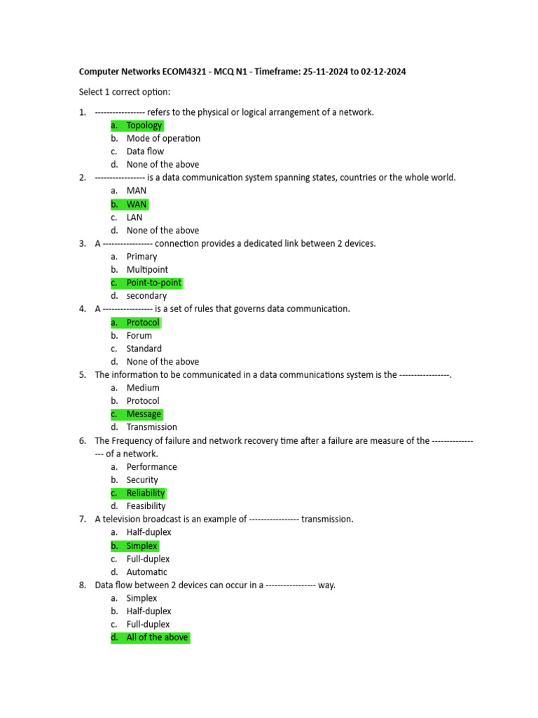 Computer Networks - ECOM4321 - MCQ1 | PDF | Computer Network | Osi Model