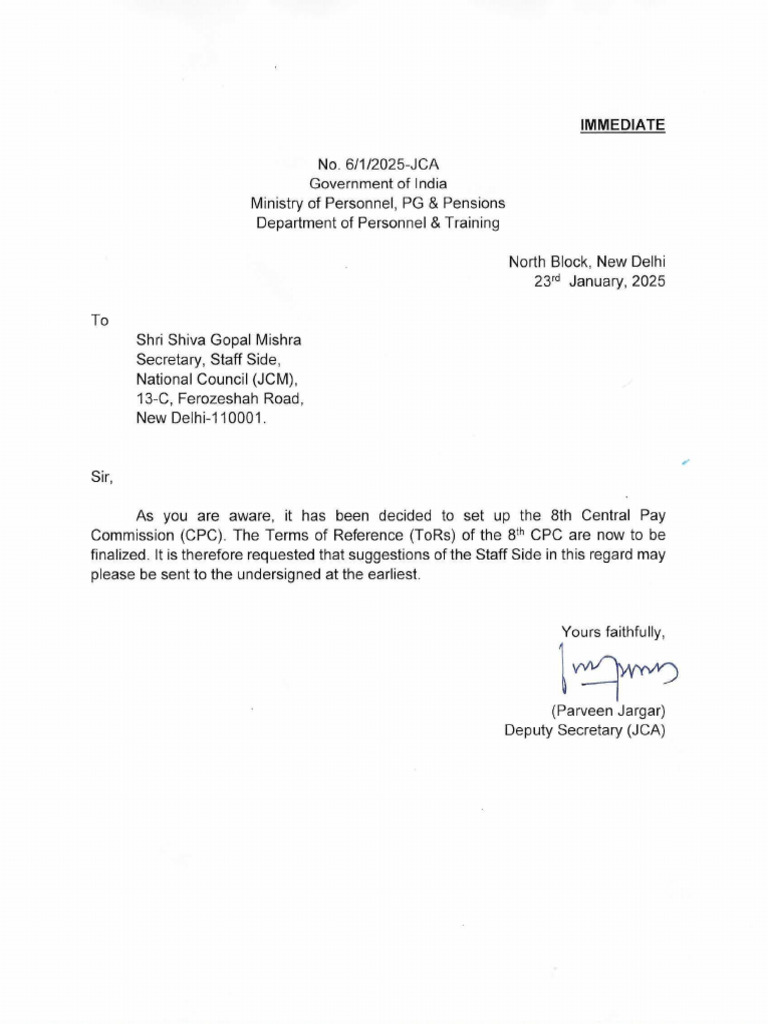 8th CPC - DoP&T's Letter To Secy. (Staff Side) JCM Seeking Comments On ...